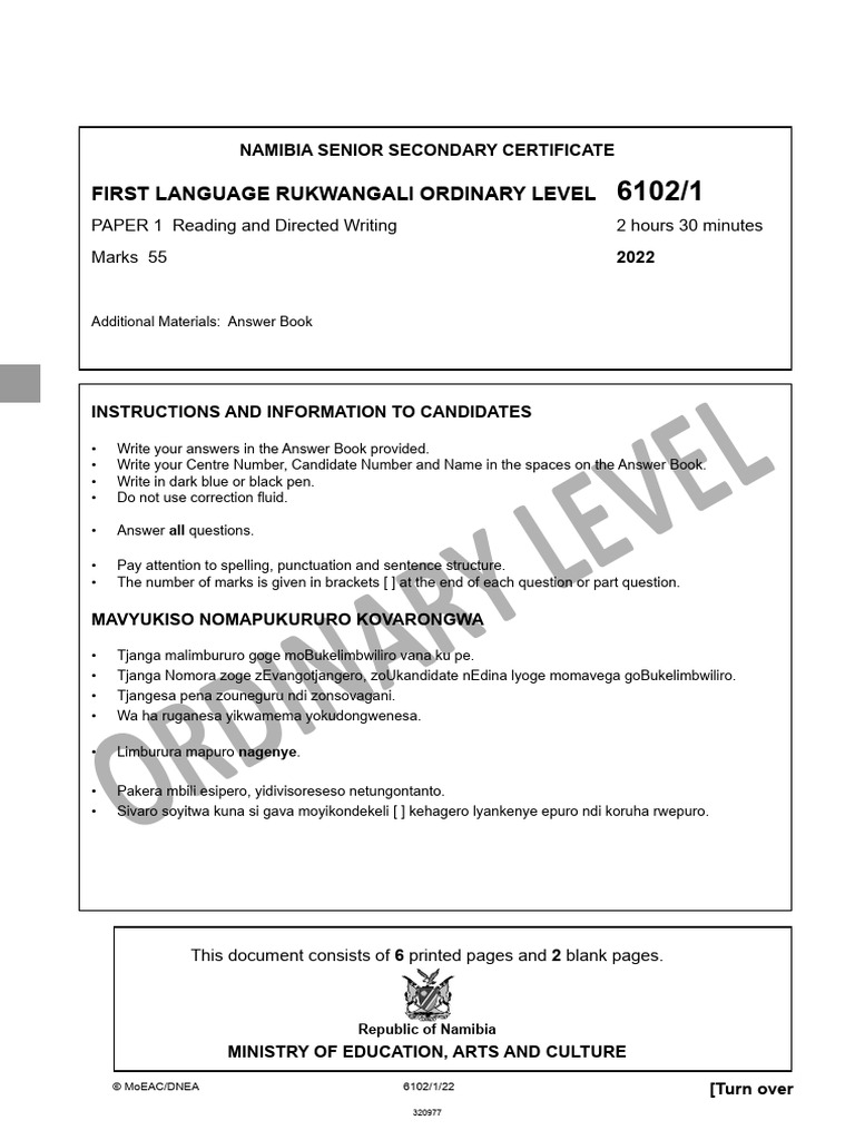 Ordinary - First Language Rukwangali Paper 1 6102-1 - First Proof 14.06 ...
