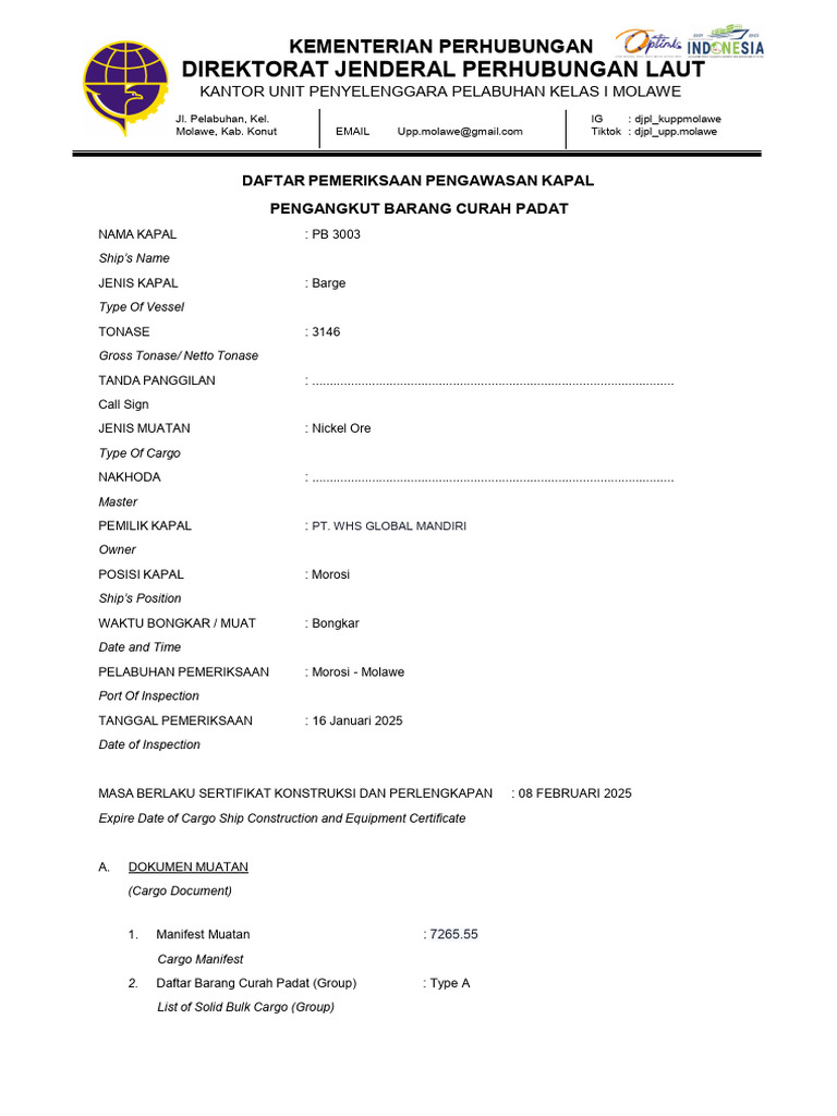 Pemeriksaan Kapal Barge Nickel Ore 2025 | PDF