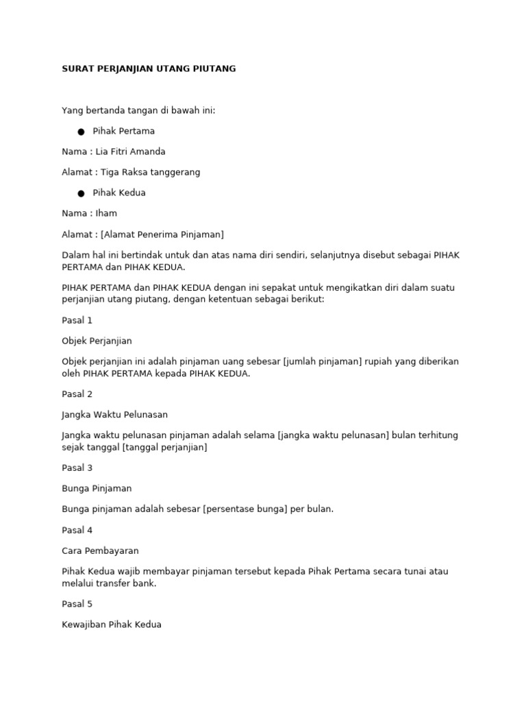 Contoh Surat Perjanjian Utang Piutang | PDF