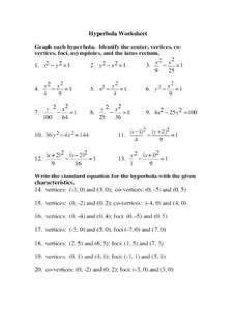 Hyperbola Worksheet | PDF