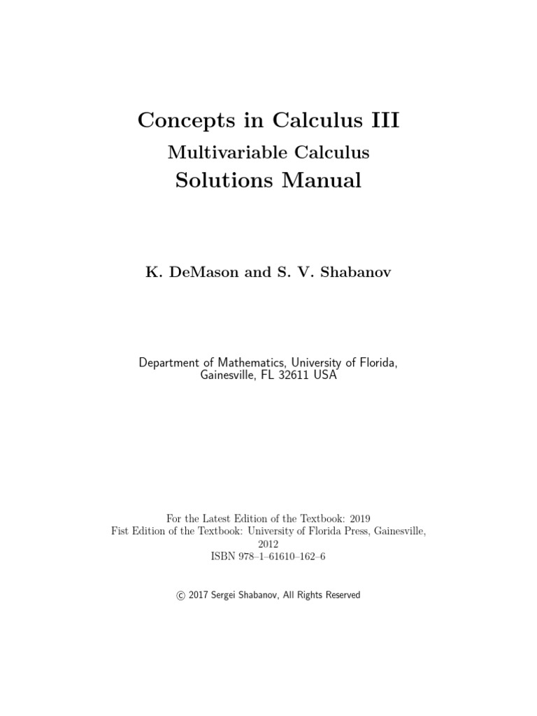 Concepts in Calculus III Multivariable Calculus Solutions Manual | PDF | Integral | Derivative