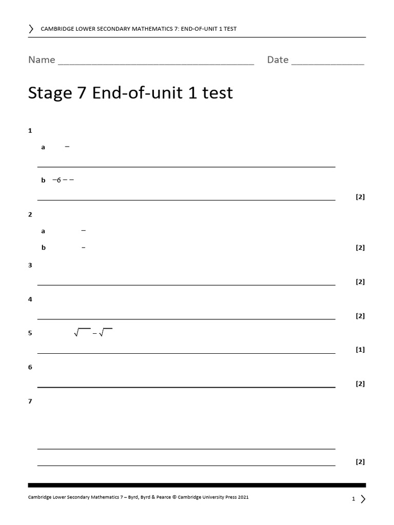 Grade 7 Integers End-of-Unit Test | PDF | Numbers | Integer