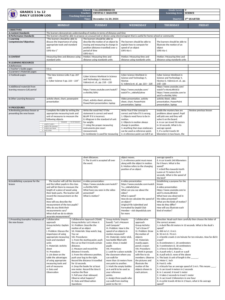 DLL_SCIENCE 5_Q3_W1 | PDF | Metre | Speed