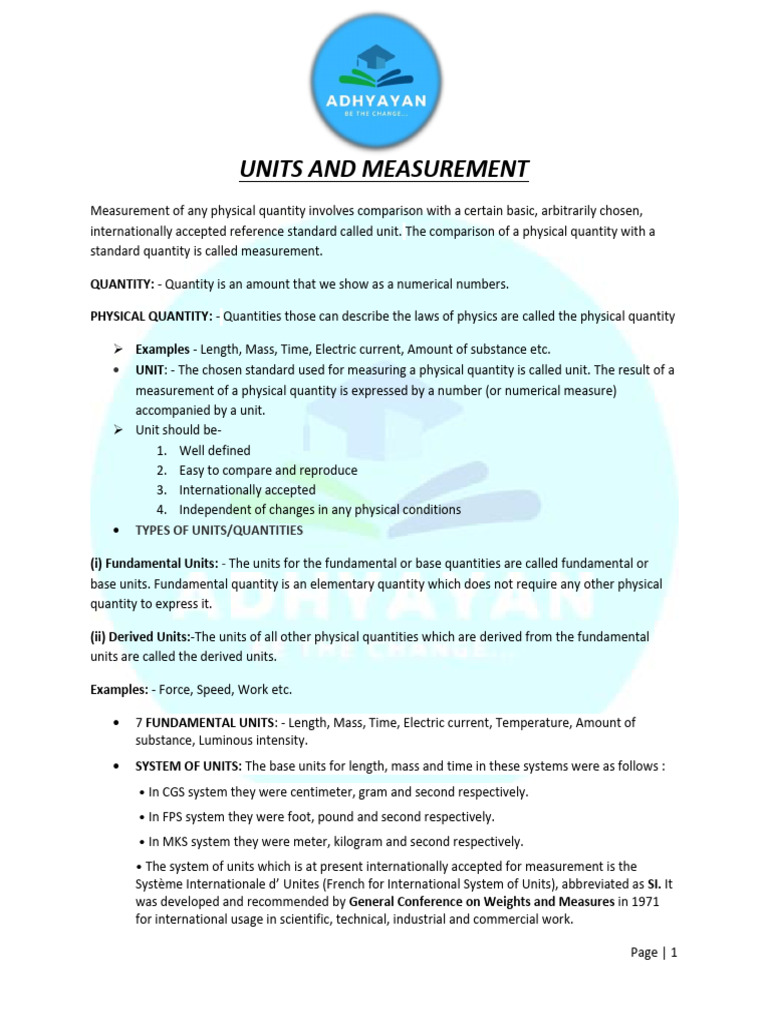 UNITS AND MEASUREMENT Notes - 15440456 - 2023 - 02 - 12 - 01 - 00 | PDF ...