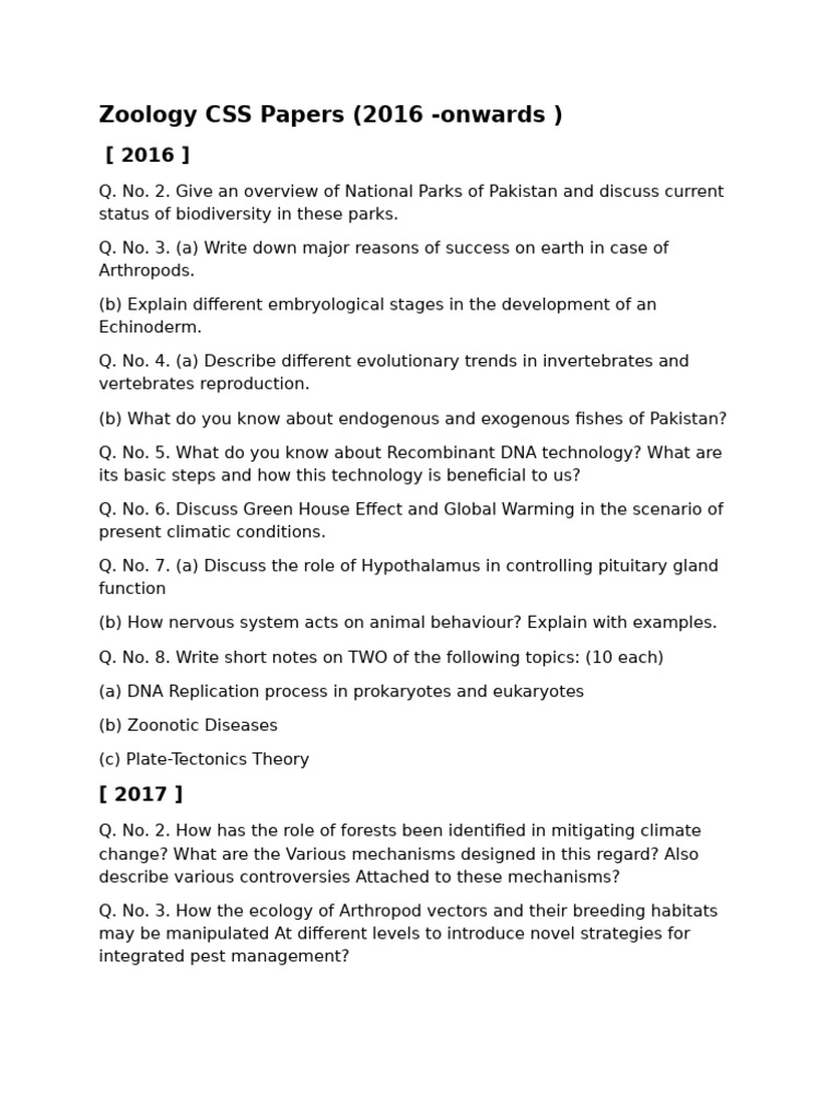 Zoology CSS Exam Papers 2016-2024 | PDF | Hormone | Endocrine System