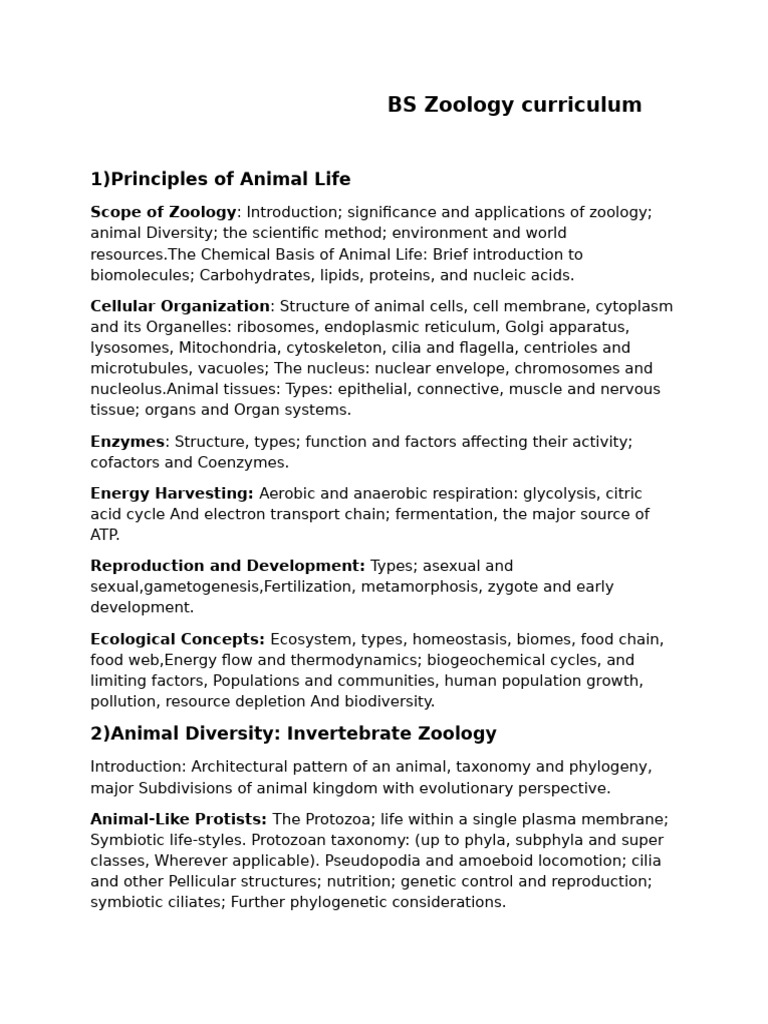 BS Zoology Curriculum: 1) Principles of Animal Life | PDF ...