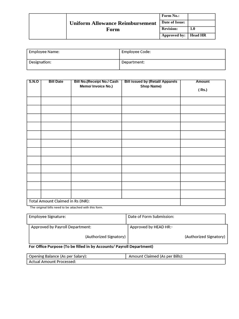 Uniform Allowance Reimbursement Form | PDF