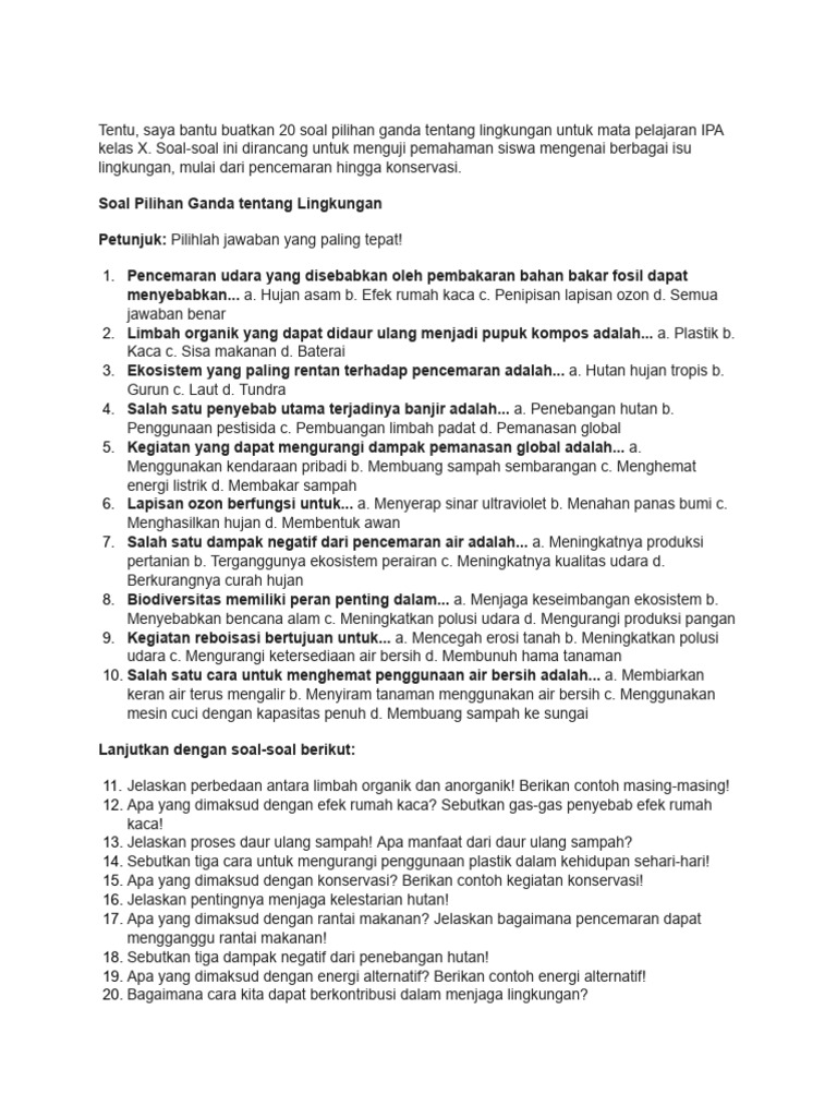 20 Soal PG Tentang Lingkungan Mapel Ipas Kelas X | PDF