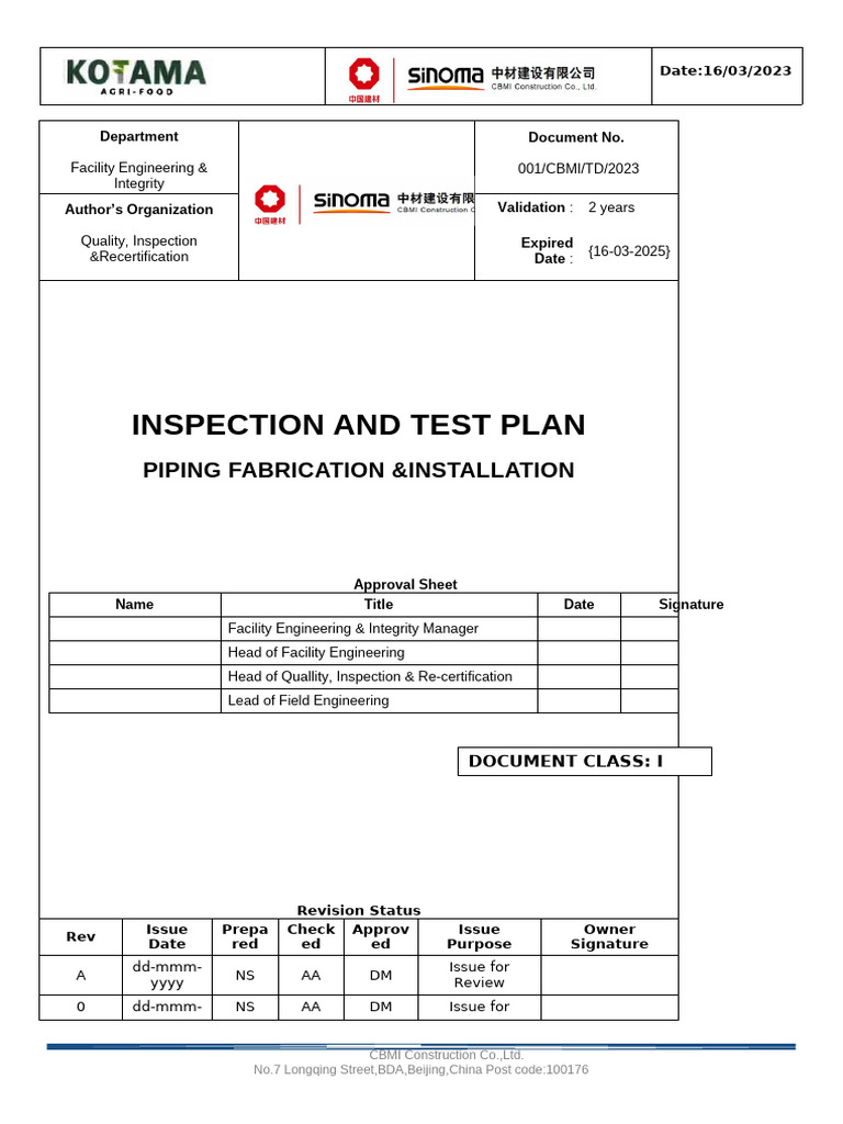 ITP For Inspection and Fabrication Piping | PDF | Nondestructive ...