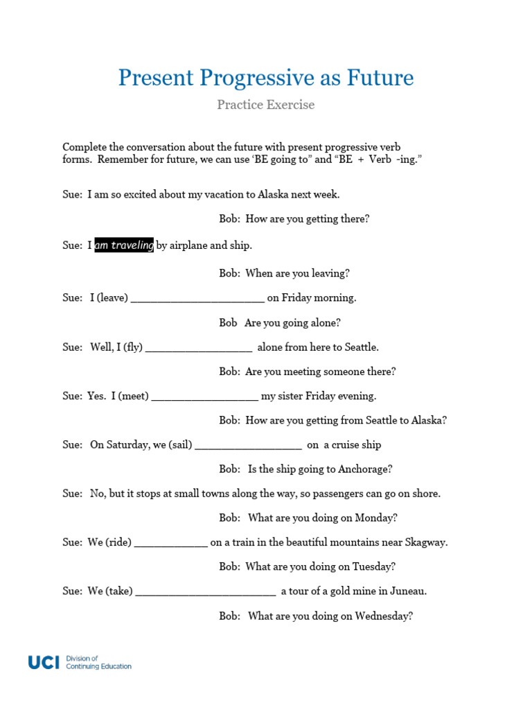 تمارينPresent Progressive as Future Practice Exercise | PDF