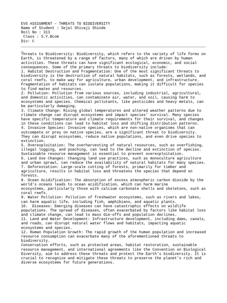 Evs Assignment Pdf Habitat Destruction Biodiversity