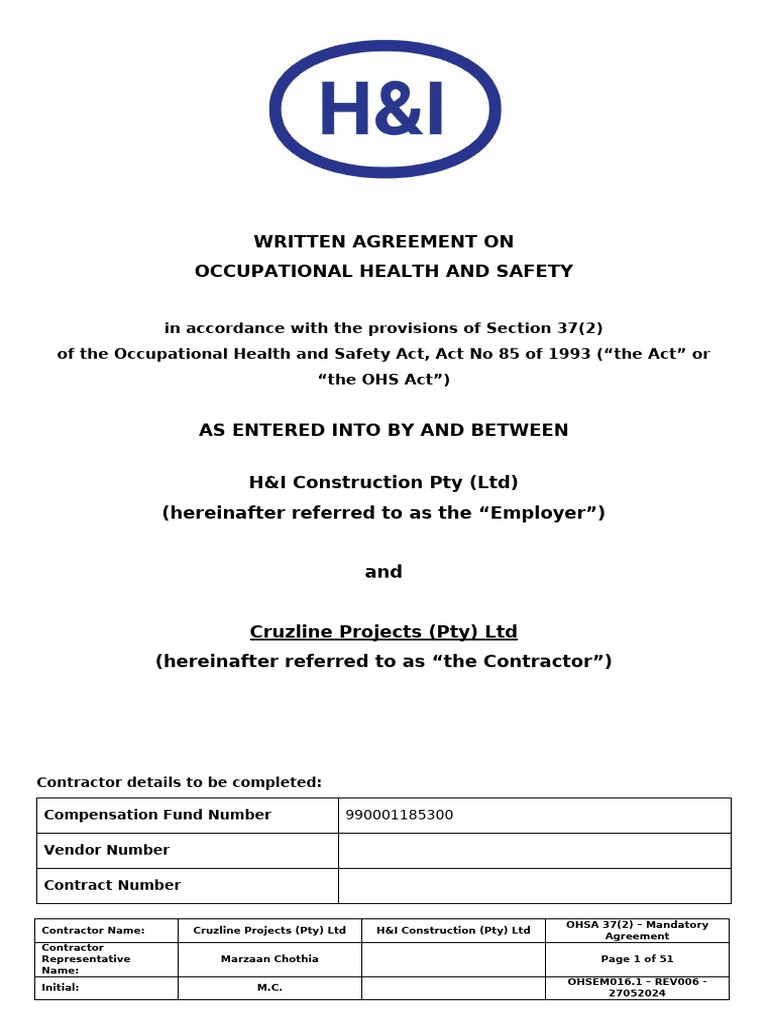 Section 37(2) Safety Agreement Template | PDF | Occupational Safety And ...