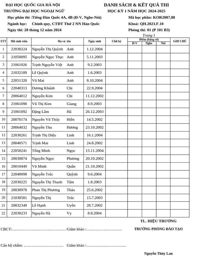 18. DS P.THI TIẾNG HQ 4A, 4B (T7 Ngày 28.12.24) (Thi sáng 7h30) (1P 101) | PDF