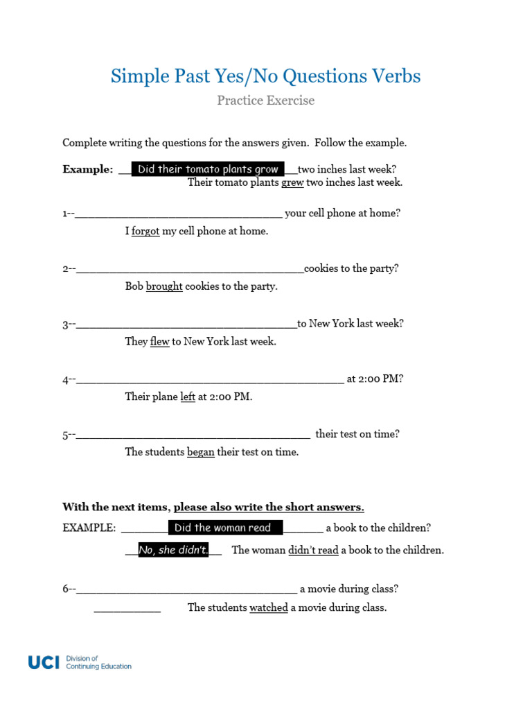 تمارينSimple Past Yes No Questions Verbs Practice Exercise | PDF