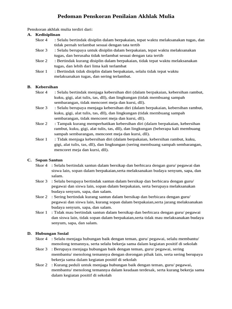 Pedoman Penskoran Penilaian Akhlak Mulia | PDF