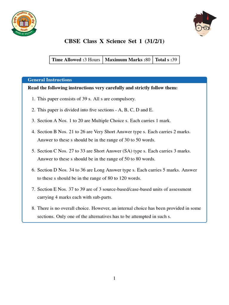 CBSE Class 10 Science Question Paper 2024 Set 1 31-2-1 | PDF | Atrium ...