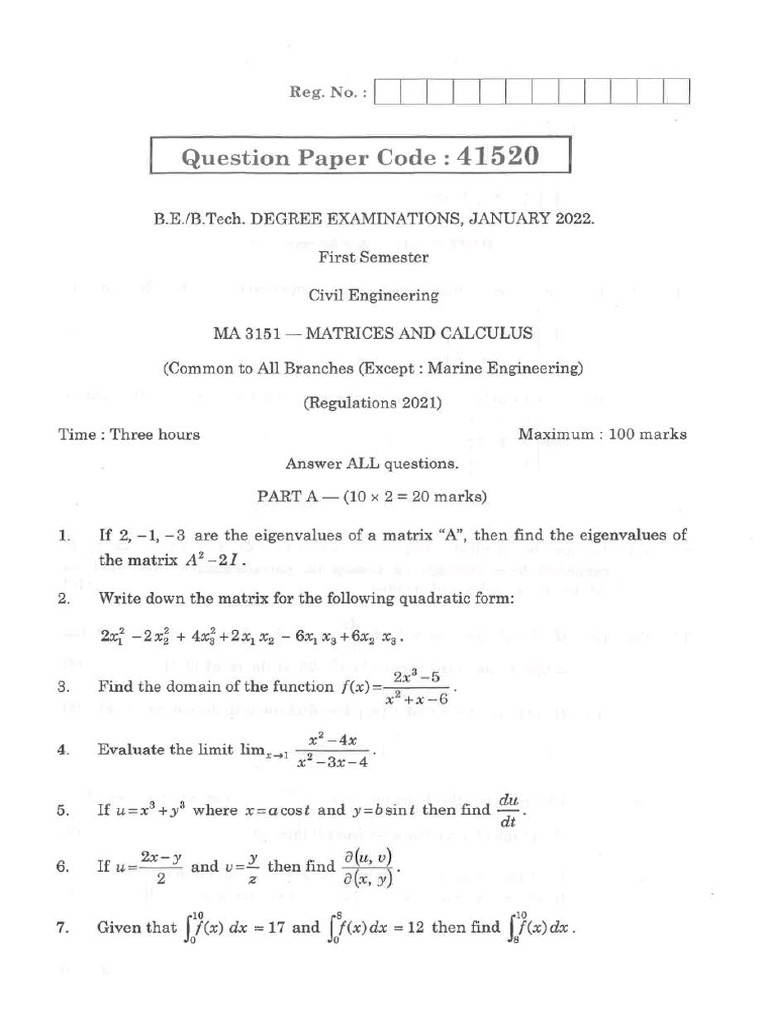 Matrices and Calculus Previous Year Question Papers | PDF