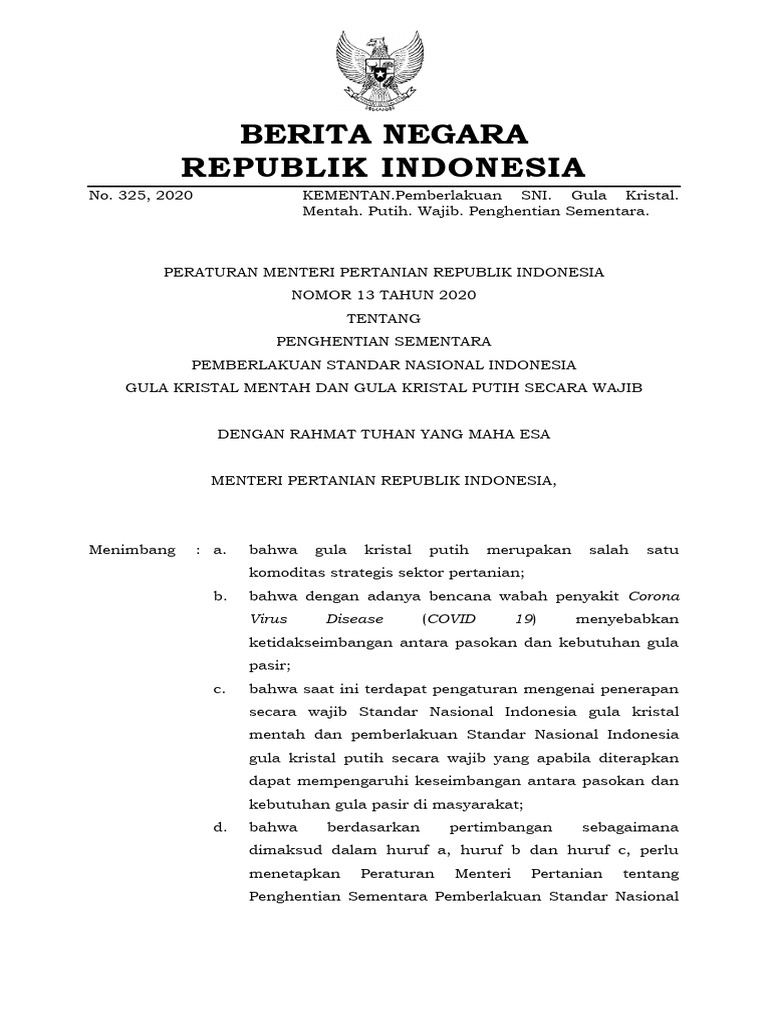 Penghentian SNI Gula Kristal 2020 | PDF