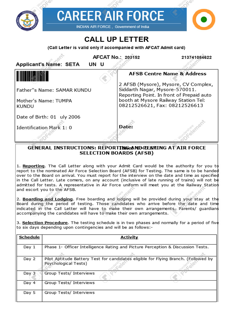 AFSB Call Letter for Setab Kundu | PDF | Identity Document