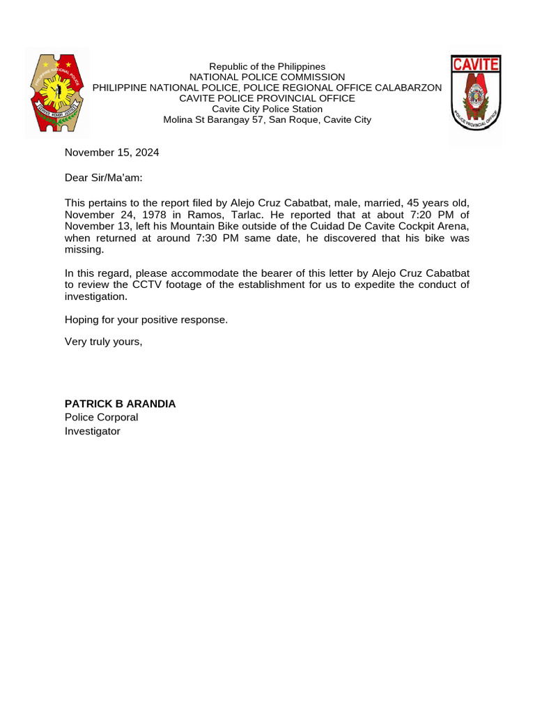 Letter Request CCTV November 15, 2024 | PDF