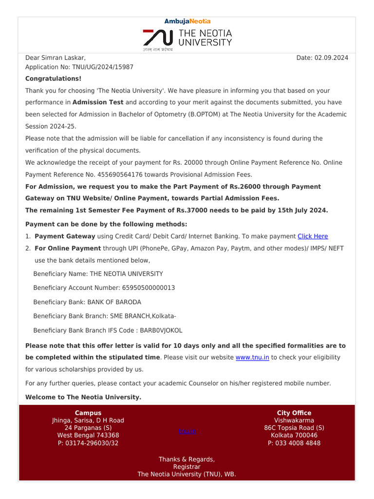 Admission Confirmation for B.Optom at TNU | PDF | Payments | Financial ...