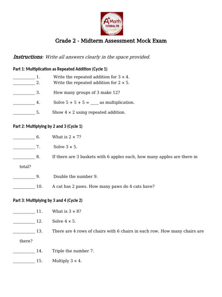 Grade 2 Midterm Math Mock Exam Pdf Mathematics Arithmetic