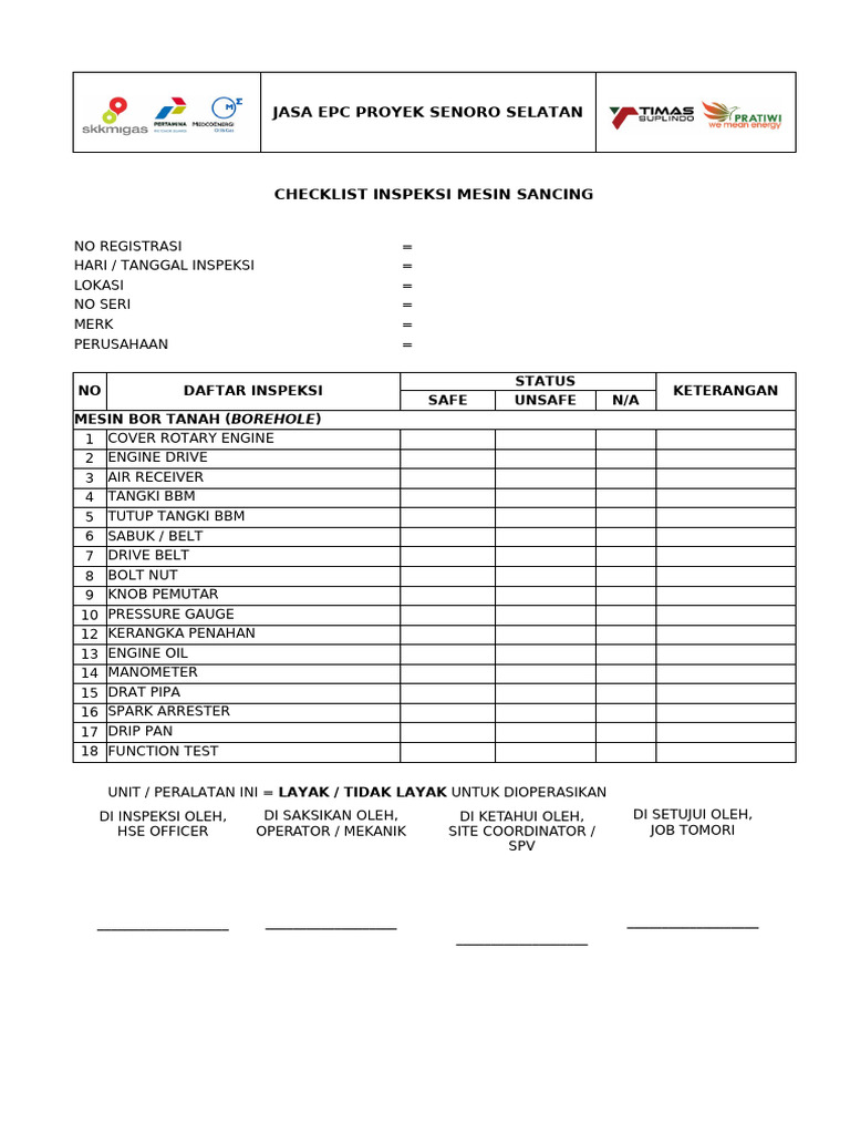 Checklist Inspeksi Mesin Sancing | PDF