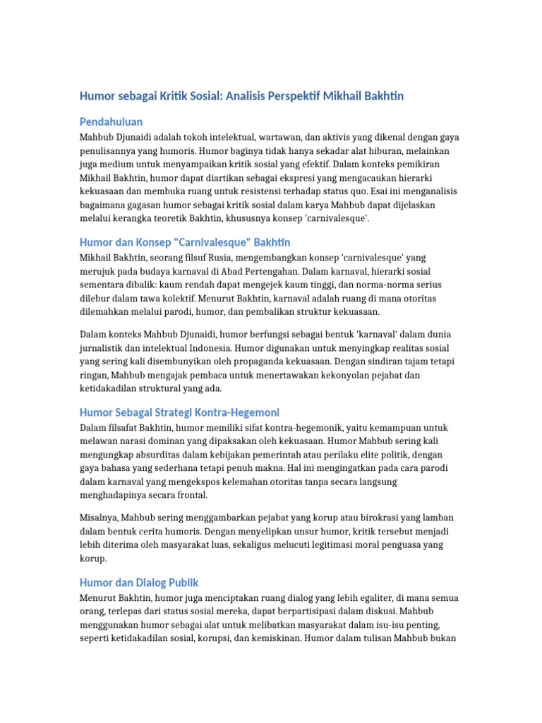 Humor Sebagai Kritik Sosial Analisis Bakhtin | PDF