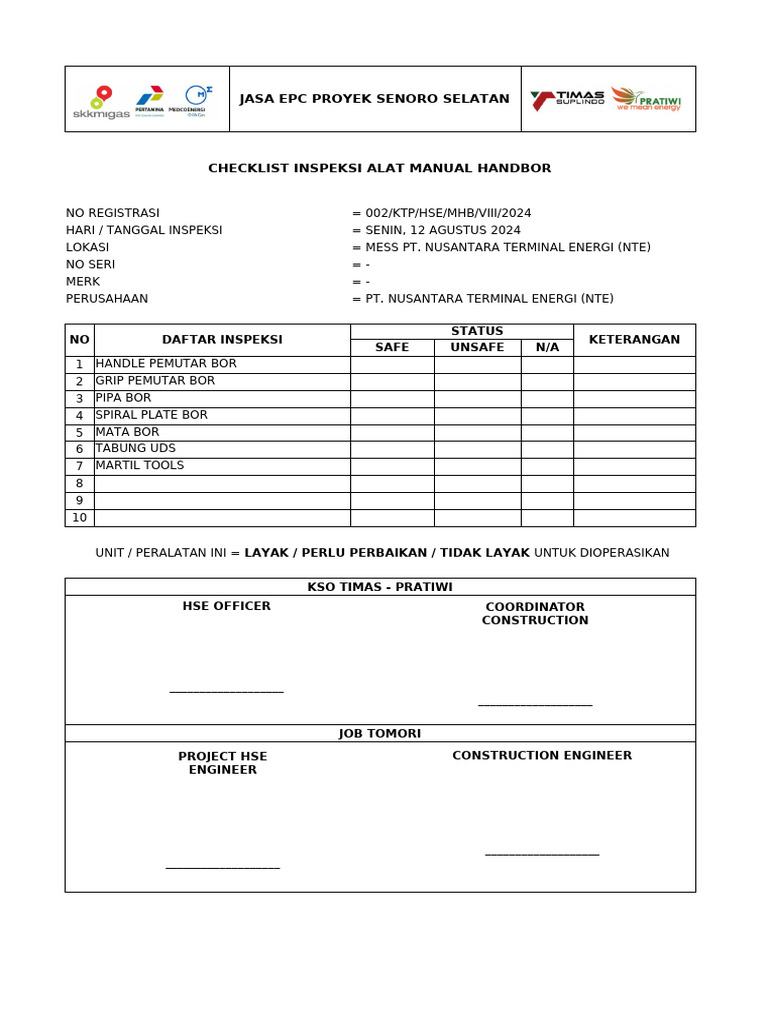 KTP - Checklist Inspeksi Manual Handbore | PDF