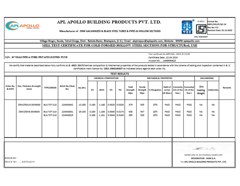 Apl Apollo Building Products Pvt. LTD.: Mill Test Certificate For Cold ...