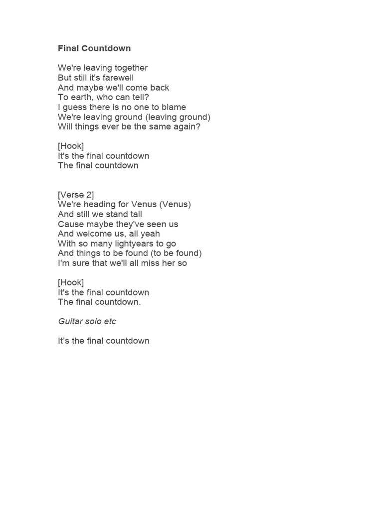 Final Countdown Lyrics | PDF