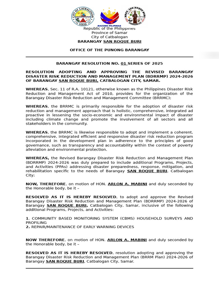 RESOLUTION ADOPTING AND APPROVING THE REVISED BARANGAY DISASTER RISK ...