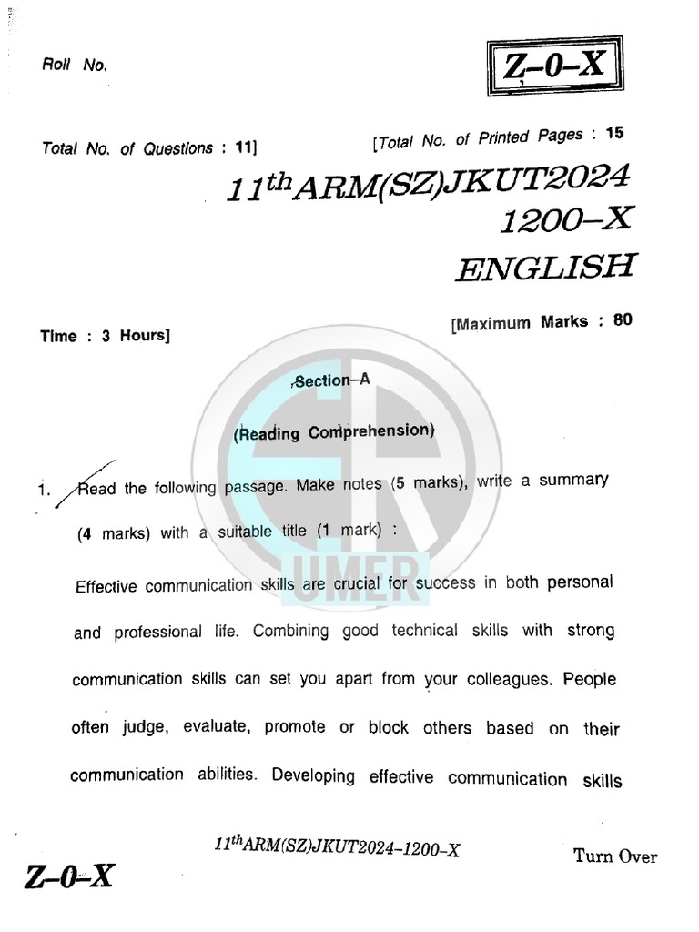 Class 11th English Previous 4 Years Question Paper JKBose | PDF