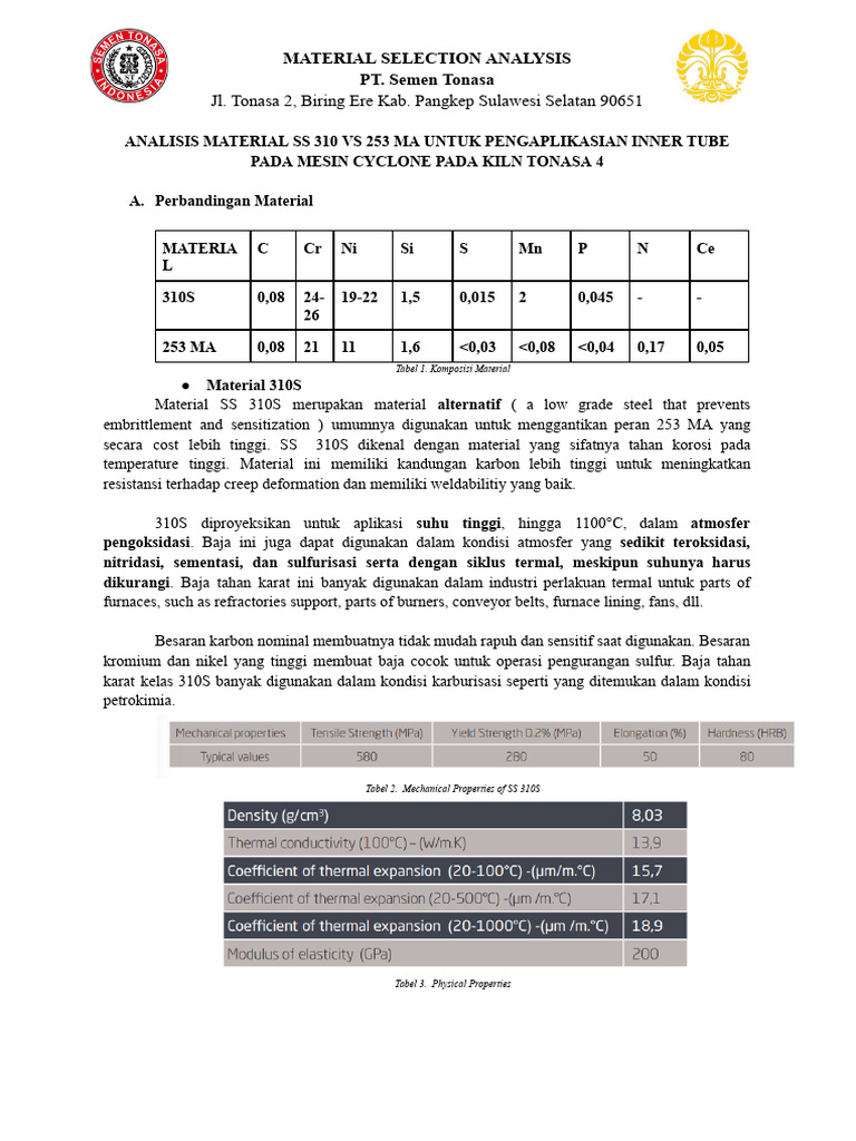 Material Selection Analysis SS 310 VS 253 Ma | PDF