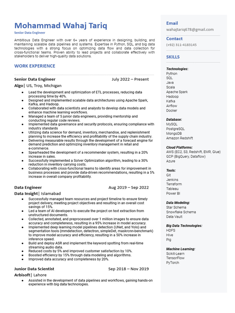 Mohammad Wahaj Tariq Resume Senior Data Engineer | PDF | Analytics ...