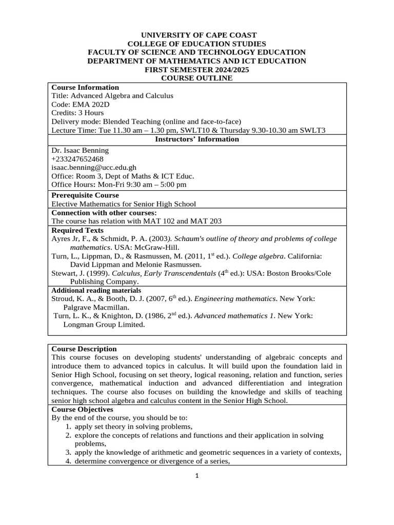 EMA 202D Course Outline 2024 - 2025 | PDF | Function (Mathematics ...