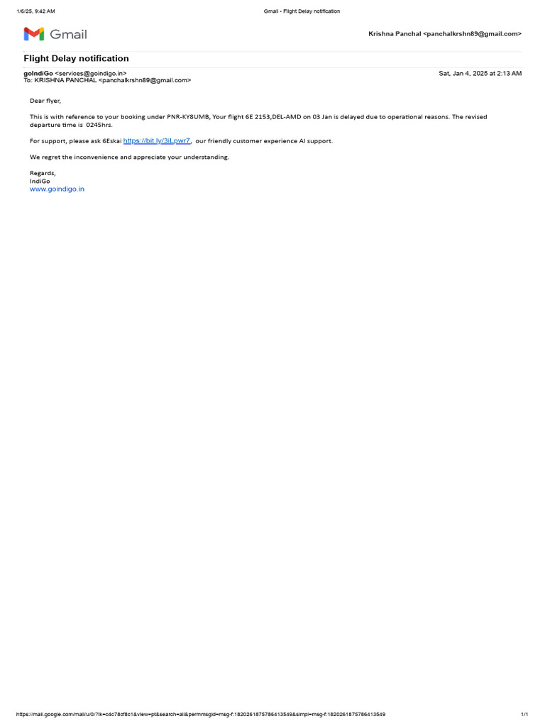 Krishna Panchal - Indigo Flight Delay Trail Email | PDF | Email | Gmail