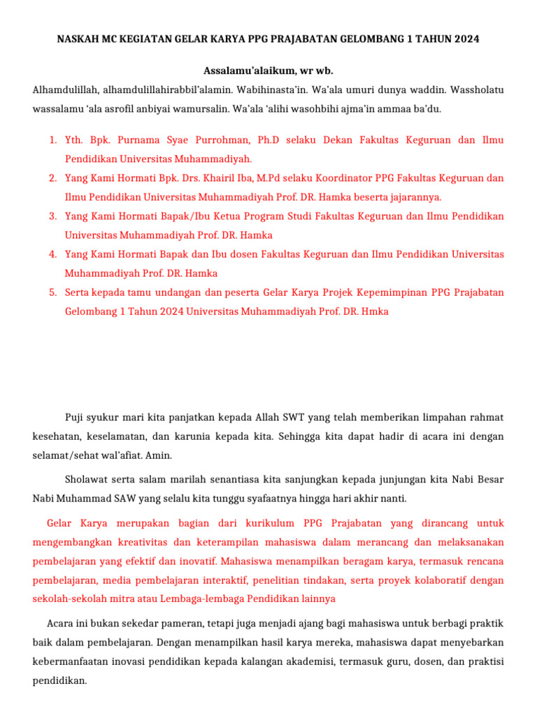 Draf Sementara - Naskah MC - Gelar Karya Projek Kepemimpinan | PDF