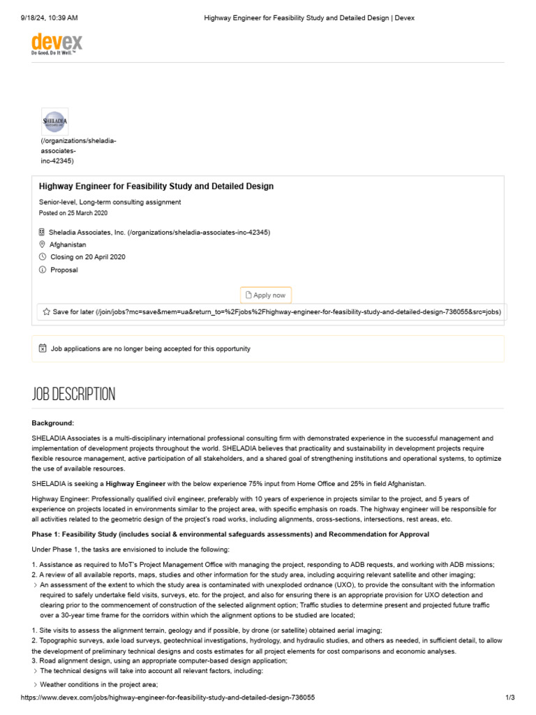 Highway Engineer For Feasibility Study and Detailed Design - Devex | PDF | Environmental Impact ...