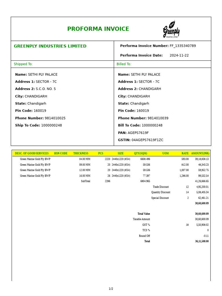 Proforma Invoice for Green Marine Ply | PDF | Invoice | Taxes