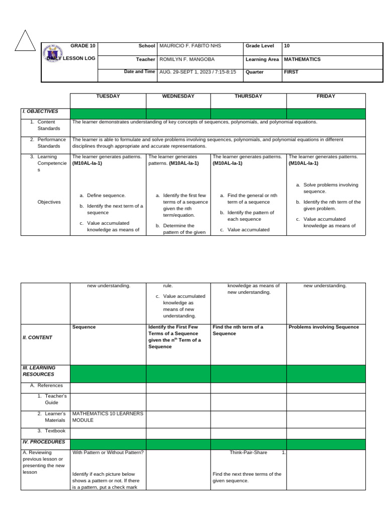 G10 - DLL - First Quarter | PDF | Learning | Teachers