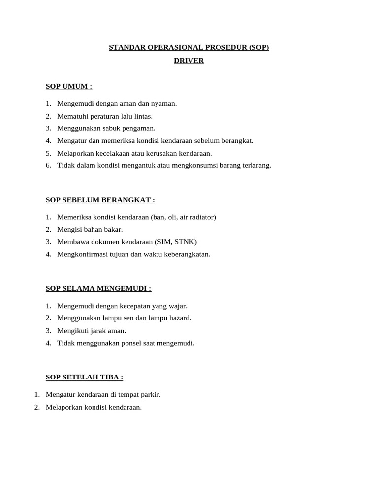 SOP Driver | PDF