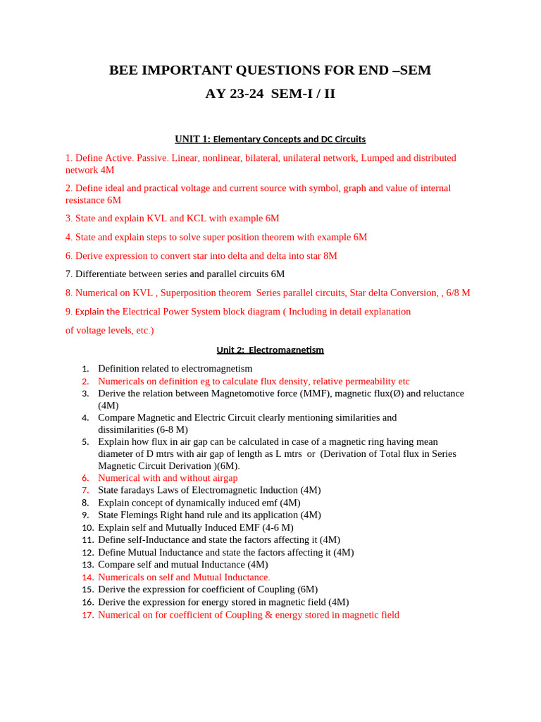 BEE Important Question 24-25 | PDF | Inductance | Electrical Impedance