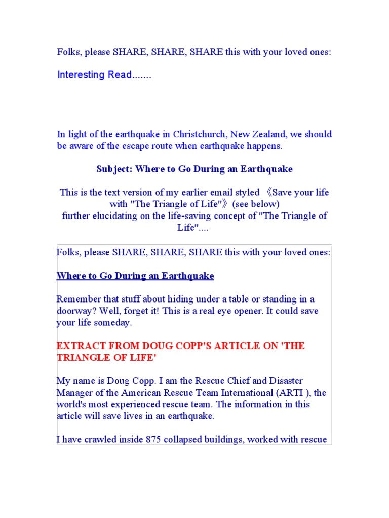 Triangle of Life: Earthquake Safety Tips | PDF | Philosophy | Home & Garden