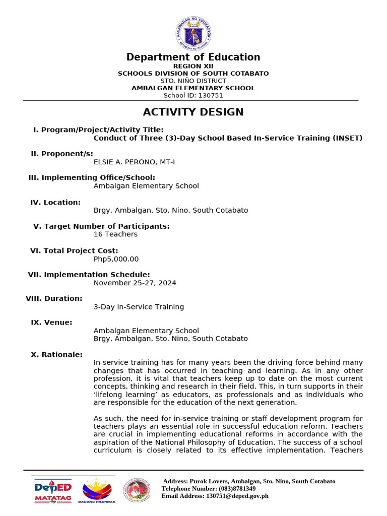 Activity Design On INSET 2024-2025 AES | PDF | Teachers | Curriculum