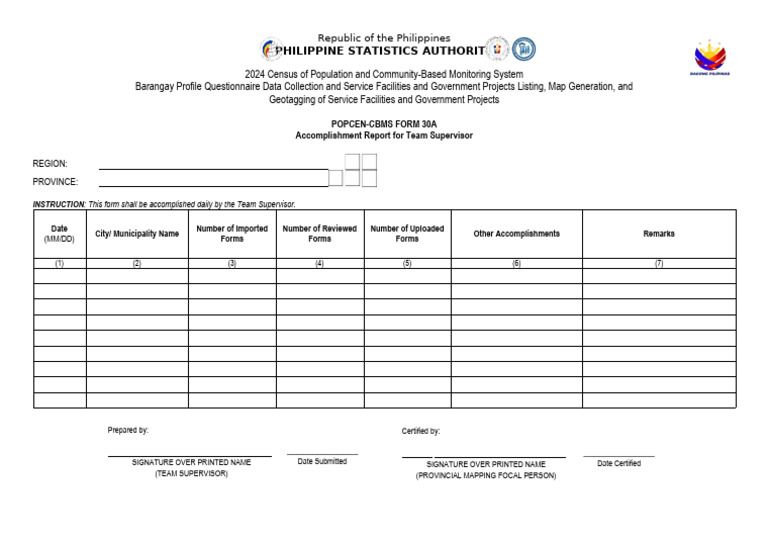 POPCEN-CBMS Form 30A - Accomplishment Report For TS | PDF