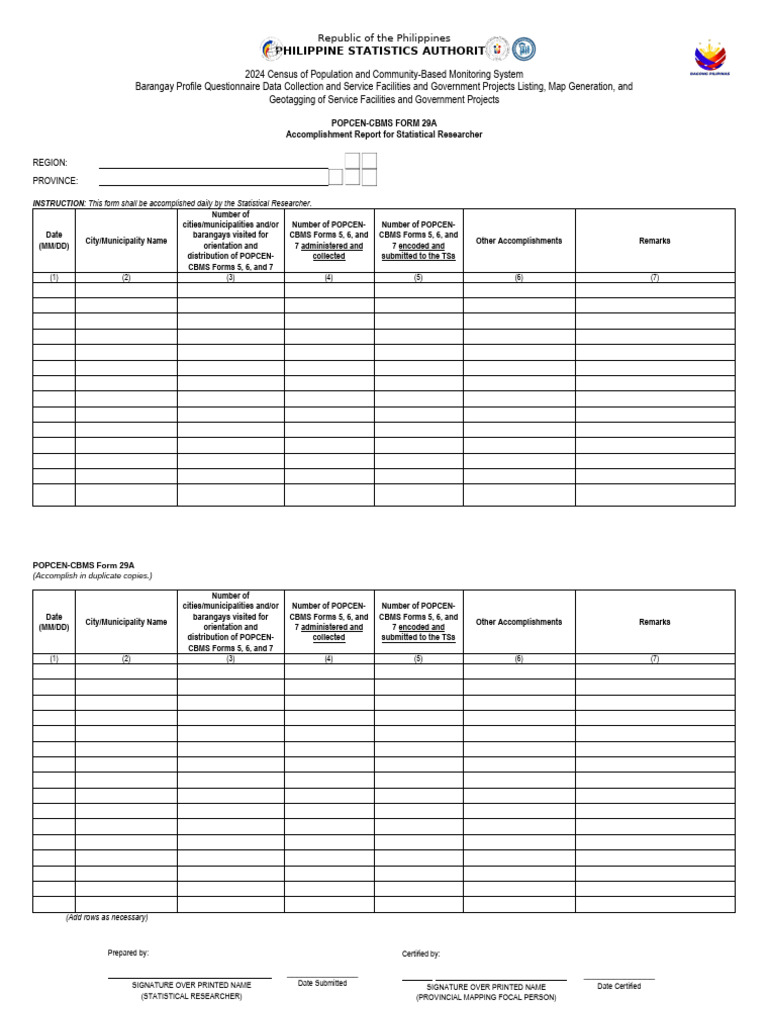 POPCEN-CBMS Form 29A - Accomplishment Report for SR | PDF | Data ...