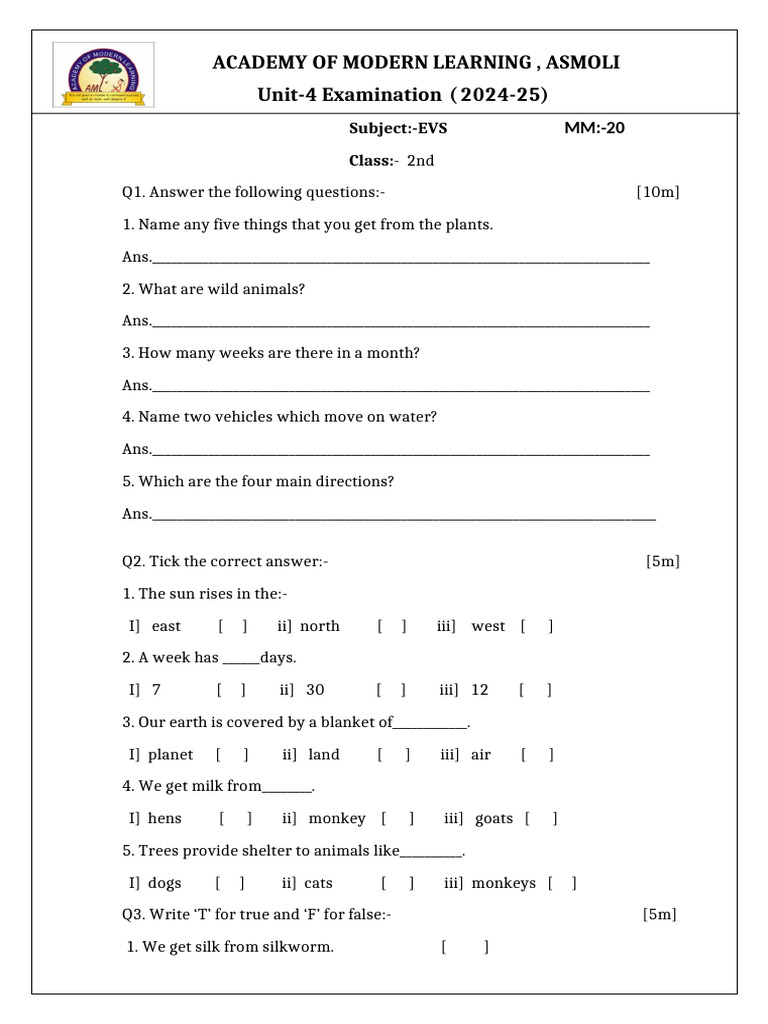 Class 2nd Evs Unit 4 (2024-25) | PDF