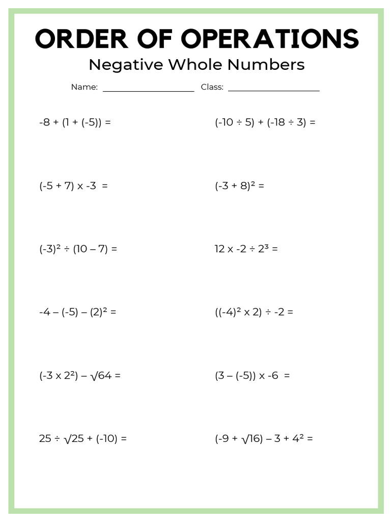 Order of Operations Negative Worksheet | PDF