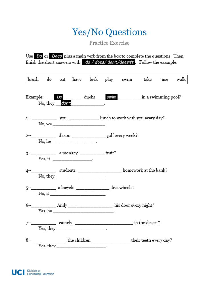 Yes/No Questions Practice Exercise | PDF